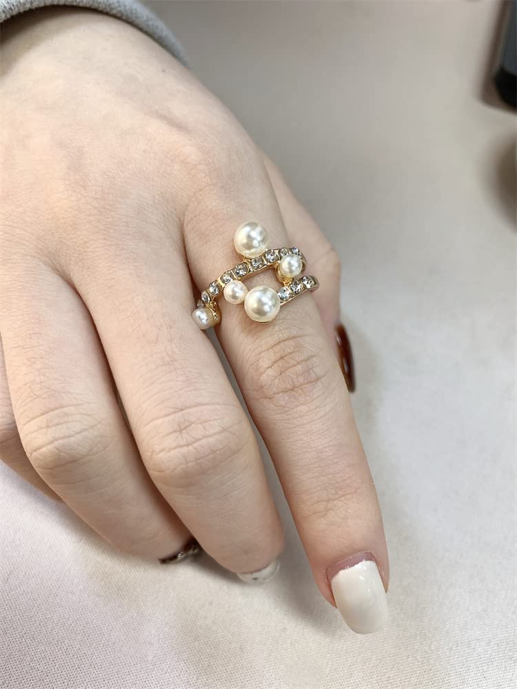 Shell Pearls CZ Wedding Statement Ring for Women Gold Plated Layered Rhinestone Mini Imitation Pearls Open Band Finger Rings Comfort Fit Dainty Birthday Valentine Anniversary Jewelry Size 8