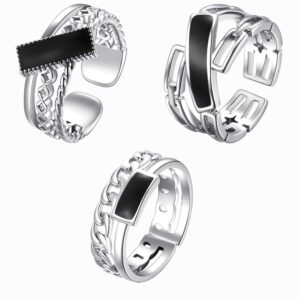 gbinitail 3pcs trendy & punk adjustable ring set for women and girls - platinum-plated, stackable, enamel & hollow silver rings, sizes 5.5 to 7.5