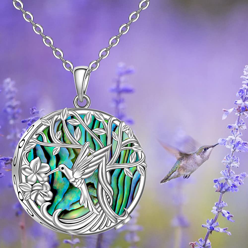 Hummingbird Necklace Hummingbird Urn Necklace for Ashes for Women Abalone Tree of Life Cremation Pendant Sterling Silver Memorial Keepsake Jewelry Mothers Day Gifts