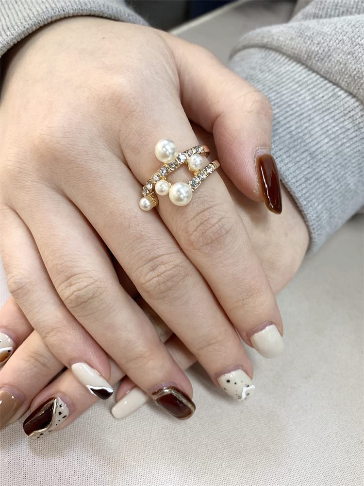 Shell Pearls CZ Wedding Statement Ring for Women Gold Plated Layered Rhinestone Mini Imitation Pearls Open Band Finger Rings Comfort Fit Dainty Birthday Valentine Anniversary Jewelry Size 8