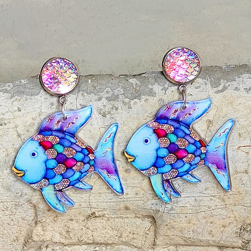 Rainbow Fish Earrings Handmade Acrylic Rainbow Fish Whale Mermaid Drop Dangle Earring Teacher Earrings for Teachers, Educators, Librarians Back to School Jewelry -Style 2