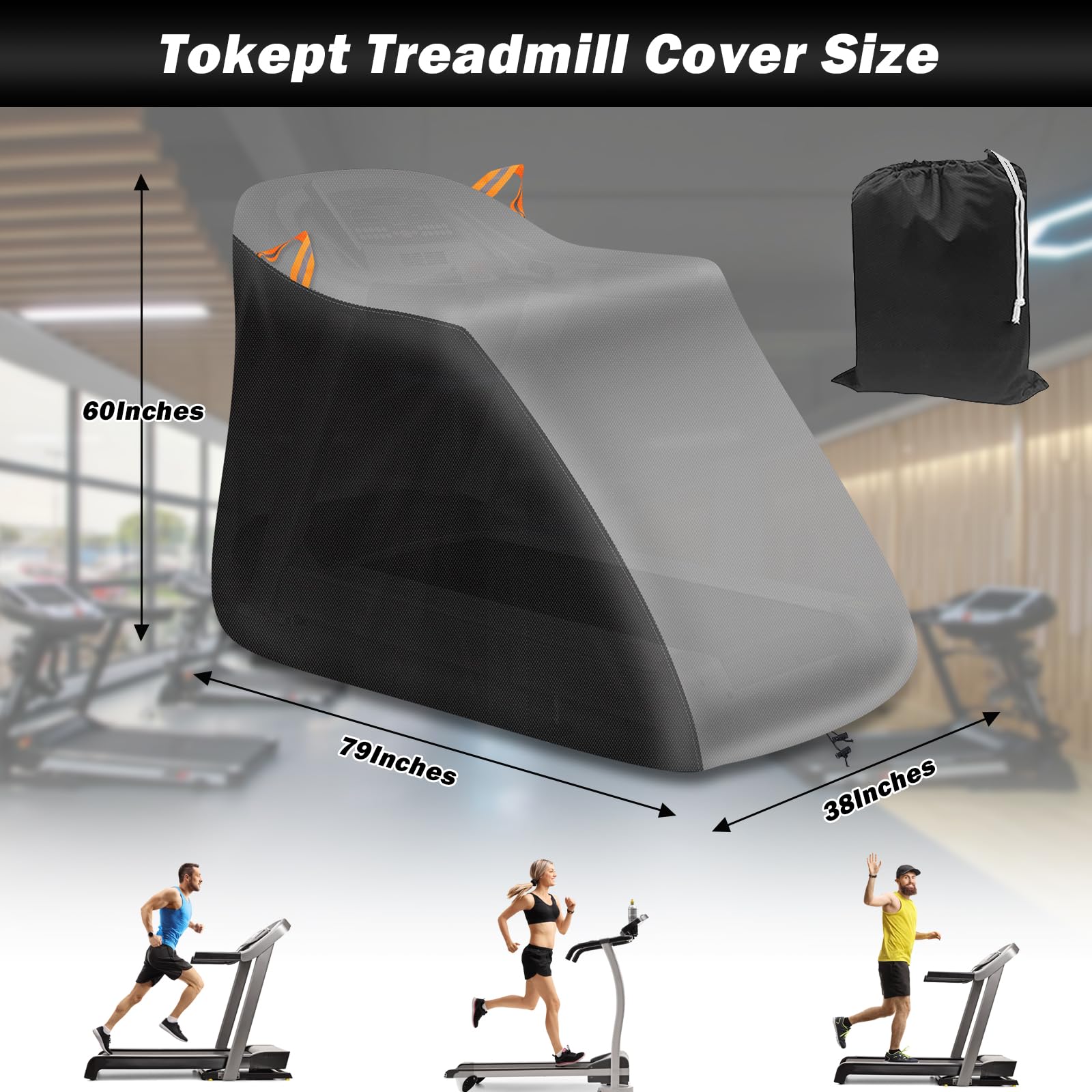 Tokept Treadmill Cover Waterproof Dustproof Running Machine Cover Exercise Workout Equipment Protective with Reflective Strips for Home Gym Indoor Outdoor (Black&Grey)