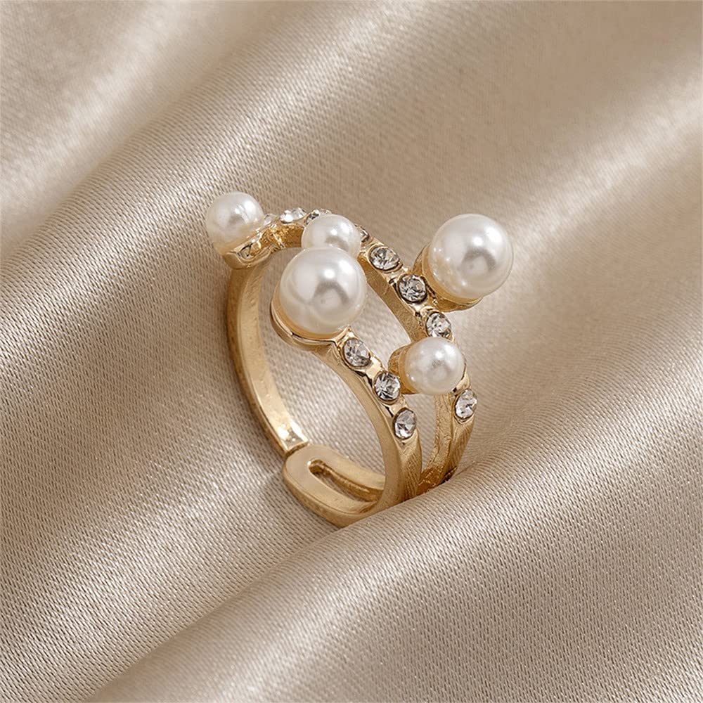 Shell Pearls CZ Wedding Statement Ring for Women Gold Plated Layered Rhinestone Mini Imitation Pearls Open Band Finger Rings Comfort Fit Dainty Birthday Valentine Anniversary Jewelry Size 8