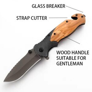 Labstandard Pocket Folding Knife with 3.4”Stainless Steel blade and wood handle-Folding hunting camping Knife with glass breaker,strap cutter,liner-lock and pocket clip