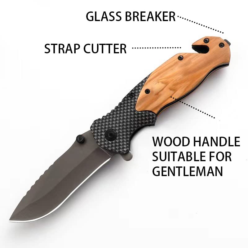 Labstandard Pocket Folding Knife with 3.4”Stainless Steel blade and wood handle-Folding hunting camping Knife with glass breaker,strap cutter,liner-lock and pocket clip