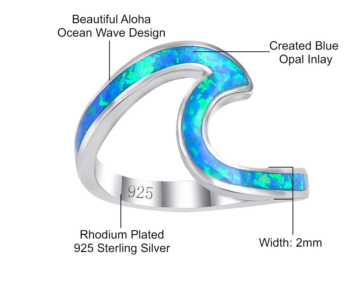 Aloha Jewelry Company 925 Sterling Silver Created Opal Ocean Beach Wave Ring Wedding Band Hawaii, Nickle Free and Hypoallergenic For Sensitive Skin, With Gift Box (Blue Opal, 4)