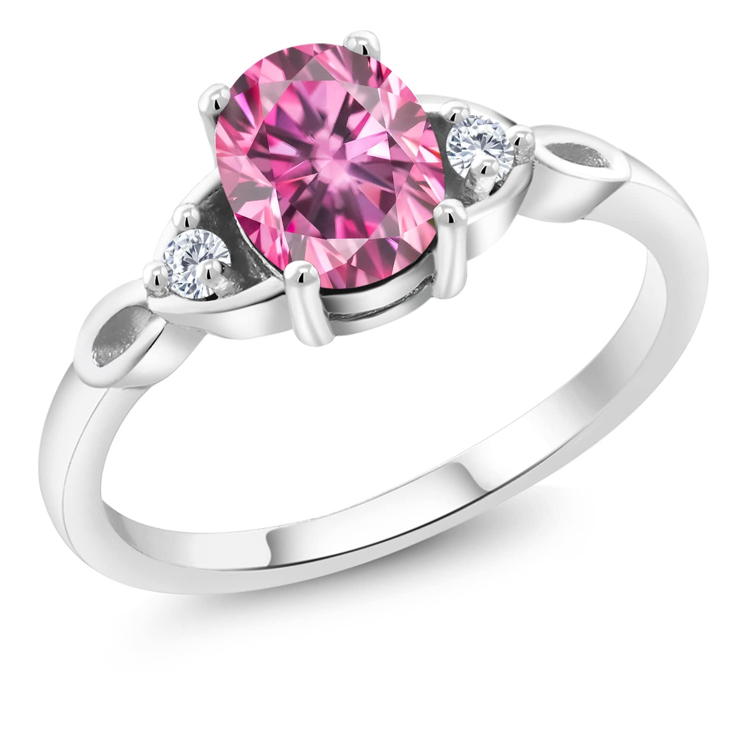 Gem Stone King 925 Sterling Silver Pink Moissanite and White Moissanite 3-Stone Rings For Women (1.46 Cttw, Gemstone, Oval 8X6MM, Available In Size 5, 6, 7, 8, 9)