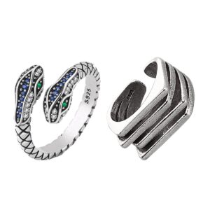 simpleasure pack 2 gothic unique cubic zirconia snake geometric band rings set fashion knuckle stackable silver ring for women girls teen finger ring adjustable open size