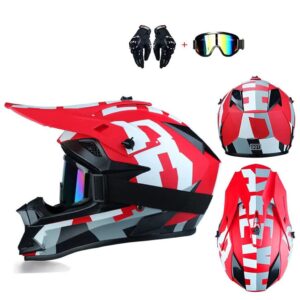 adult motocross helmet, youth & kids outdoor full face dirt bike helmets dot approved four wheeler off-road mountain helmet atv kart skateboard racing crash helmet with goggles+gloves -o-medium