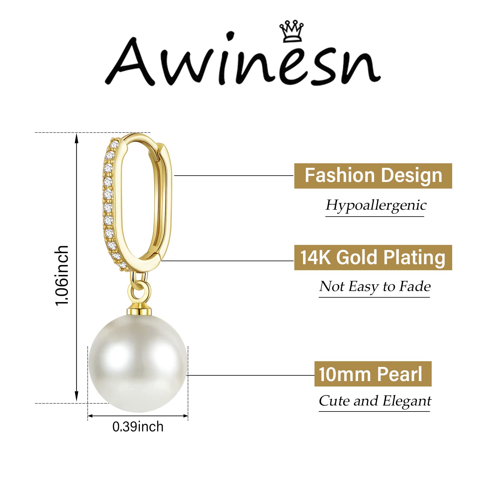 Awinesn Pearl Earrings for Women 14K Gold Plated Pearl Dangle Earrings Dainty 5A Cubic Zirconia Pearl Drop Earring With 925 Sterling Silver Post Jewelry for Bridal Bridesmaid