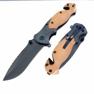 labstandard pocket folding knife with 3.4”stainless steel blade and wood handle-folding hunting camping knife with glass breaker,strap cutter,liner-lock and pocket clip