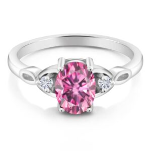 Gem Stone King 925 Sterling Silver Pink Moissanite and White Moissanite 3-Stone Rings For Women (1.46 Cttw, Gemstone, Oval 8X6MM, Available In Size 5, 6, 7, 8, 9)