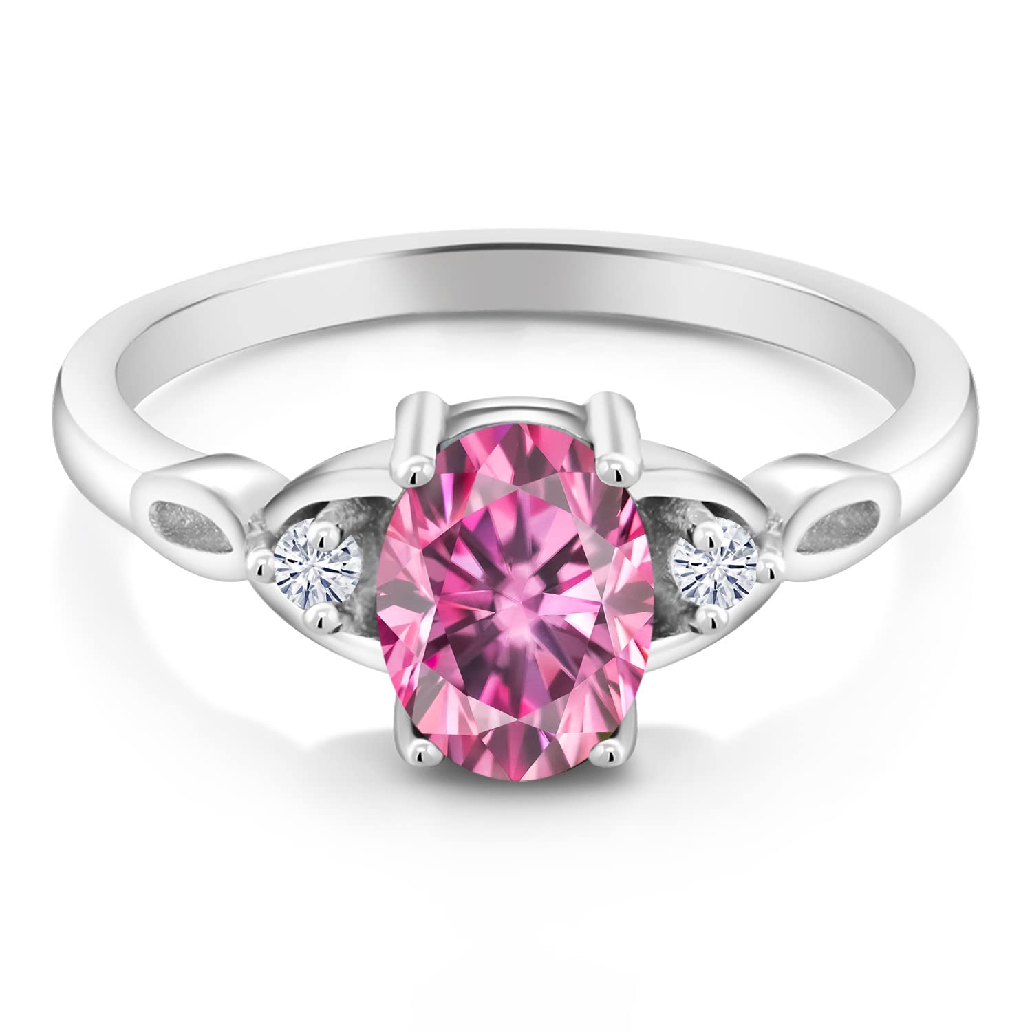 Gem Stone King 925 Sterling Silver Pink Moissanite and White Moissanite 3-Stone Rings For Women (1.46 Cttw, Gemstone, Oval 8X6MM, Available In Size 5, 6, 7, 8, 9)