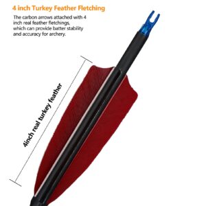 TOPARCHERY Premium 30" Carbon Hunting Arrows with Selected 4" Real Turkey Feathers Fletching and Removable Tips - 500 Spine Practice Target Arrows for Compound & Recurve Bow - 12Pcs