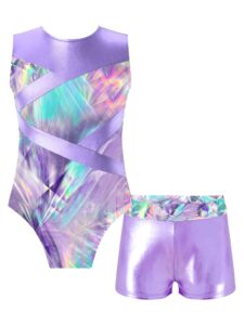 nikiikoo kids girls sparkly gymnastics leotards with shorts outfits ballet dance biketard gym clothes swimwear lavender 12 years