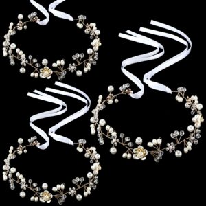 3 pieces headpiece pearl bridal headband for flower girl hair accessory rhinestone princess crown cute wedding hair accessories for kids girls vine hair band, gold