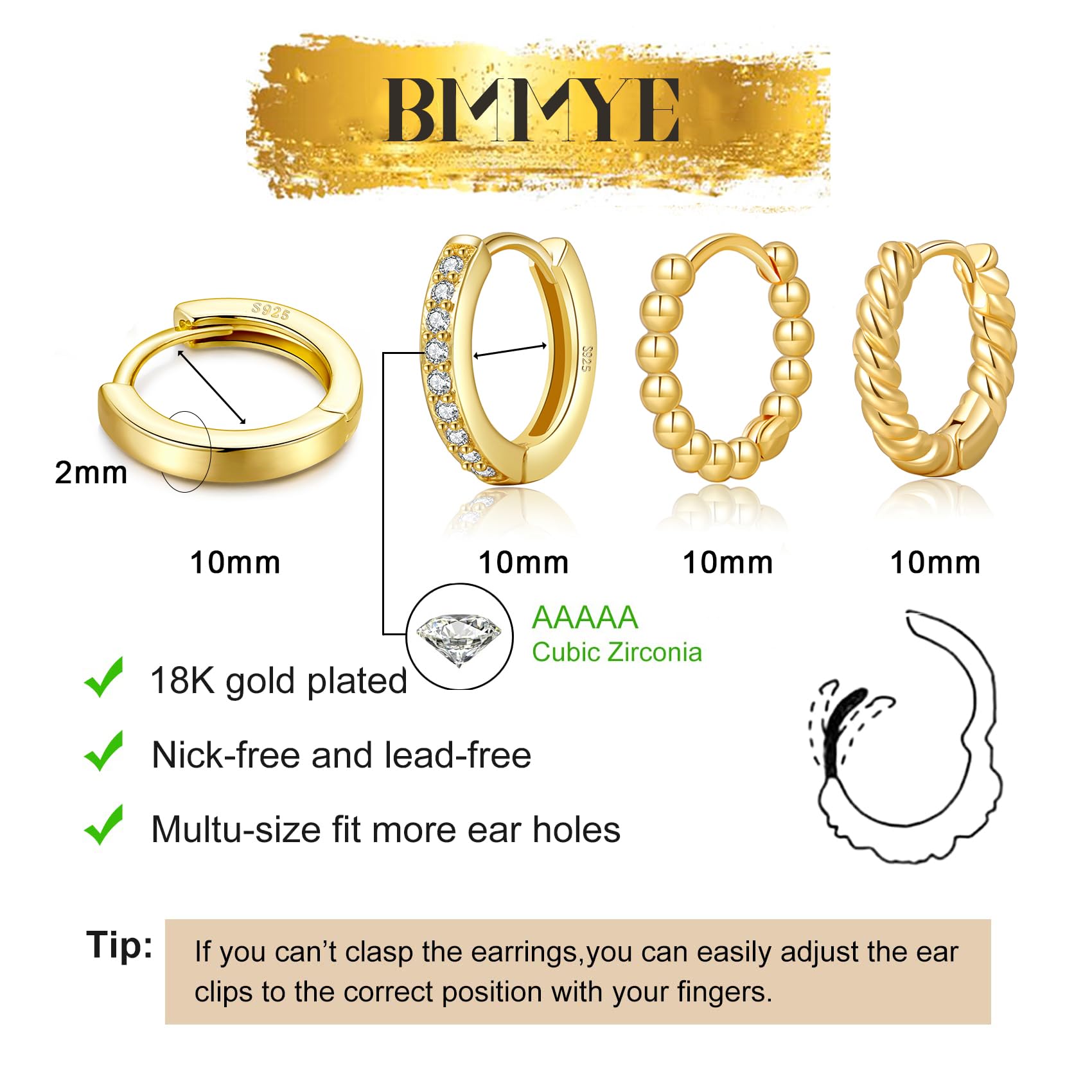 BMMYE Small Gold Huggie Hoop Earrings for Women 4 Pairs Cartilage Mini Gold Hoops Tiny Gold Earrings Set for Multiple Piercing Hypoallergenic 10mm