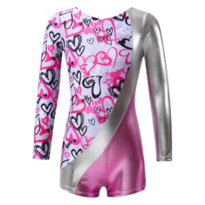 hansber metallic biketard for kids girls long sleeve u neck shorty leotard gymnastics tumebling top pink 12 years