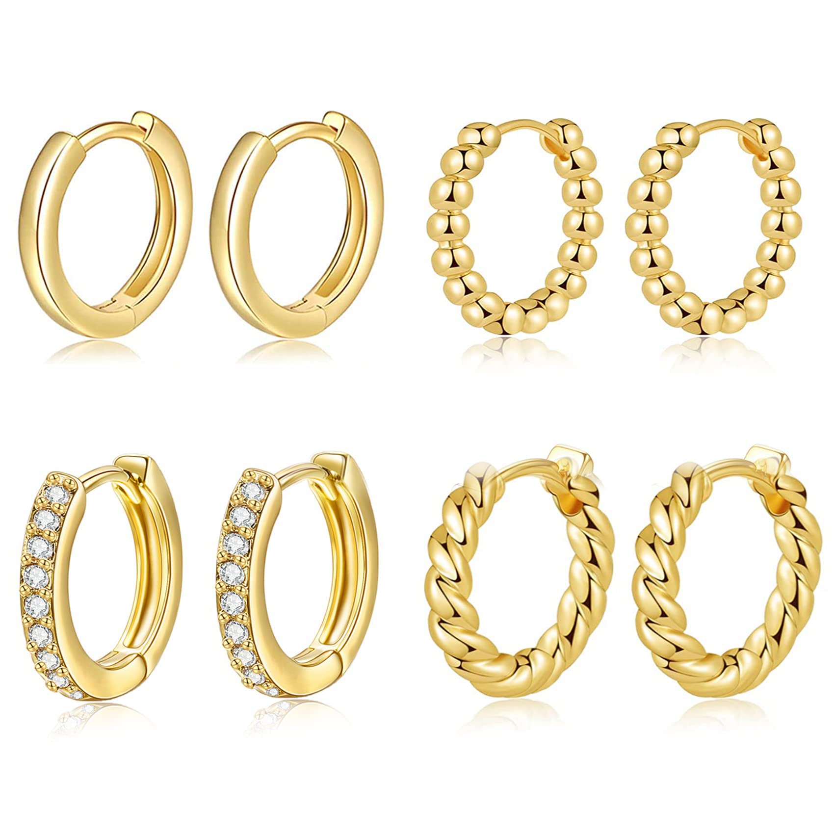 BMMYE Small Gold Huggie Hoop Earrings for Women 4 Pairs Cartilage Mini Gold Hoops Tiny Gold Earrings Set for Multiple Piercing Hypoallergenic 10mm