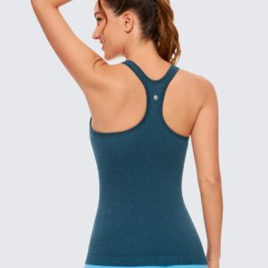 CRZ YOGA Womens Seamless Ribbed Racerback Tank Tops with Built in Bra - Padded Scoop Neck Slimming Athletic Long Camisole Petrol Blue Medium