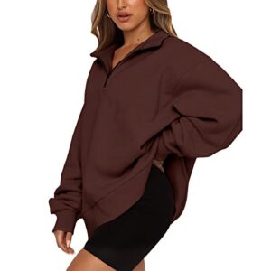 ANGGREK Women Half Zip Cropped Hoodies Fleece Quarter Zip Up Pullover Sweatshirts Winter Clothes 2022 Outfits Sweater Brown