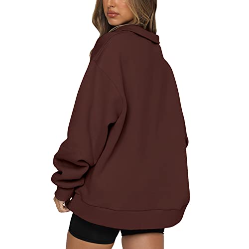 ANGGREK Women Half Zip Cropped Hoodies Fleece Quarter Zip Up Pullover Sweatshirts Winter Clothes 2022 Outfits Sweater Brown