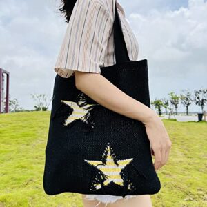 Fairy Grunge Star Decor Crochet Tote Bag Fairycore Tassels Hobo Bags Women Y2K Tote Bag Purse Aesthetic Accessories (Black)