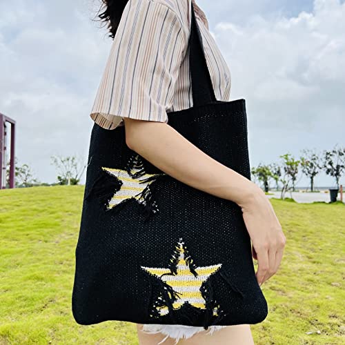 Fairy Grunge Star Decor Crochet Tote Bag Fairycore Tassels Hobo Bags Women Y2K Tote Bag Purse Aesthetic Accessories (Black)