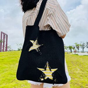 Fairy Grunge Star Decor Crochet Tote Bag Fairycore Tassels Hobo Bags Women Y2K Tote Bag Purse Aesthetic Accessories (Black)