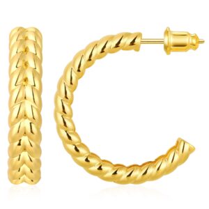 unicoring chunky gold hoop earrings for women 14k real gold plated lightweight twist small hoops hypoallergenic cute jewelry(25mm)