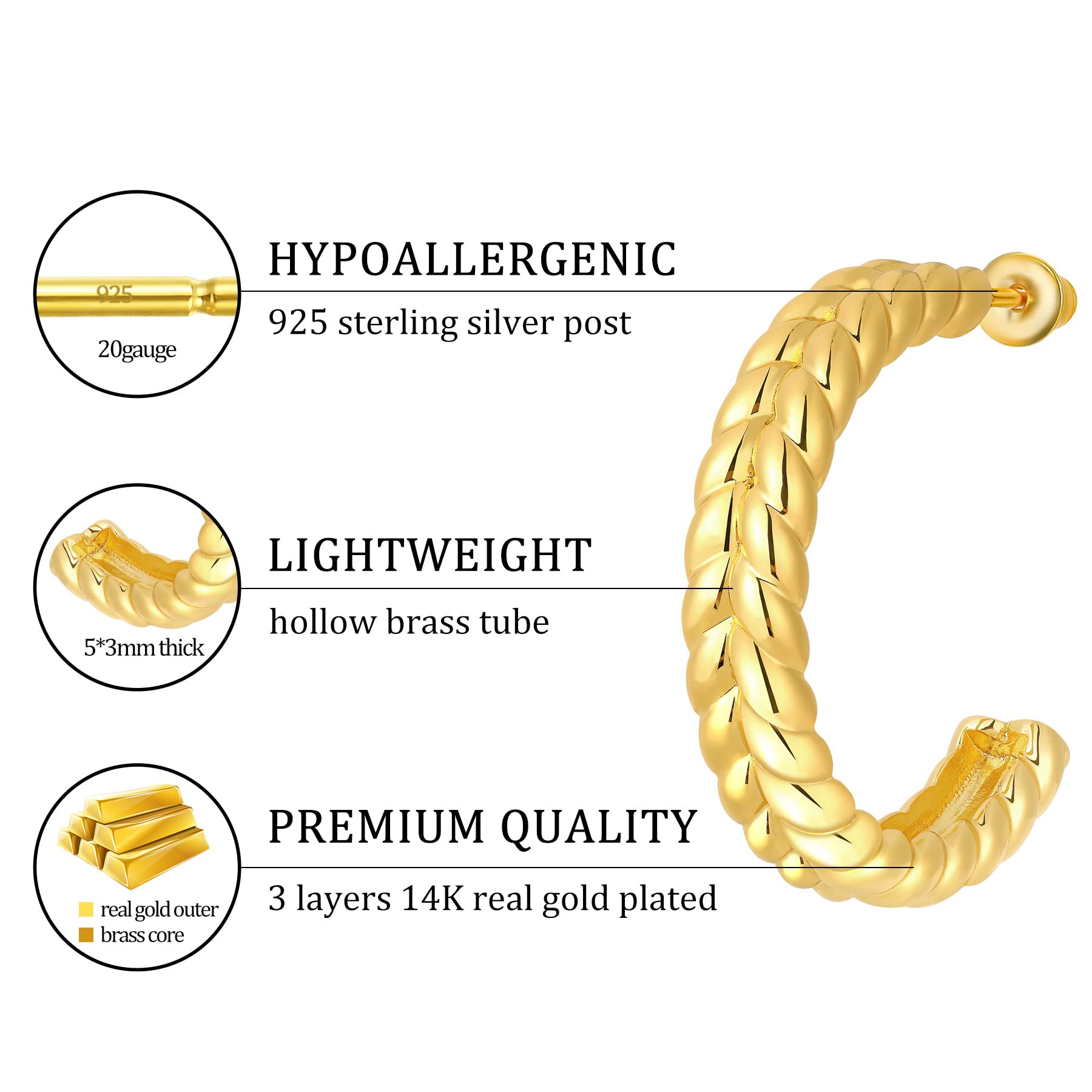 UnicoRing Chunky Gold Hoop Earrings for Women 14K Real Gold Plated Lightweight Twist Small Hoops Hypoallergenic Cute Jewelry(25mm)