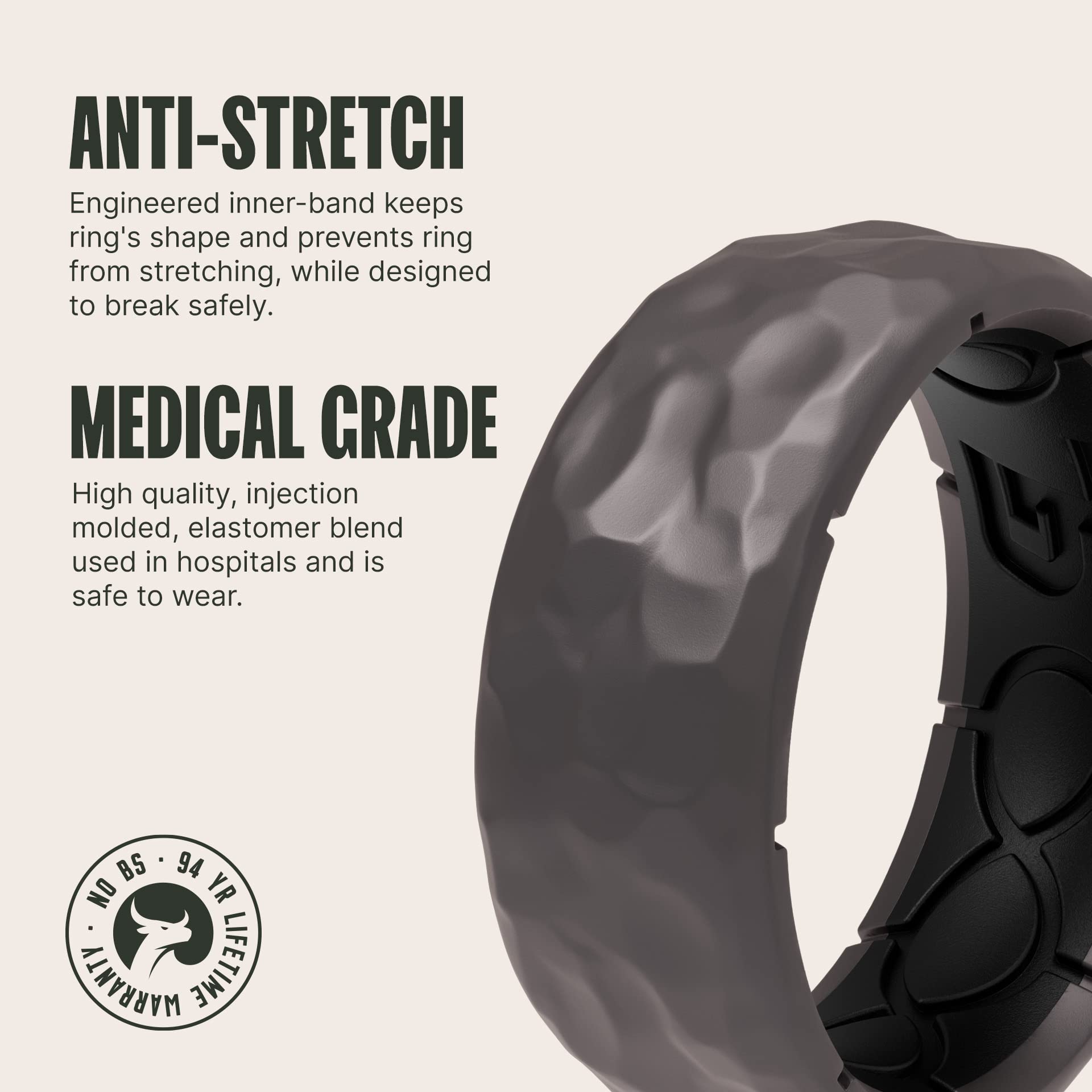 Groove Life Zeus Hammered Gun Metal Silicone Ring Breathable Rubber Wedding Rings for Men, Lifetime Coverage, Unique Design, Comfort Fit Ring - Size 8