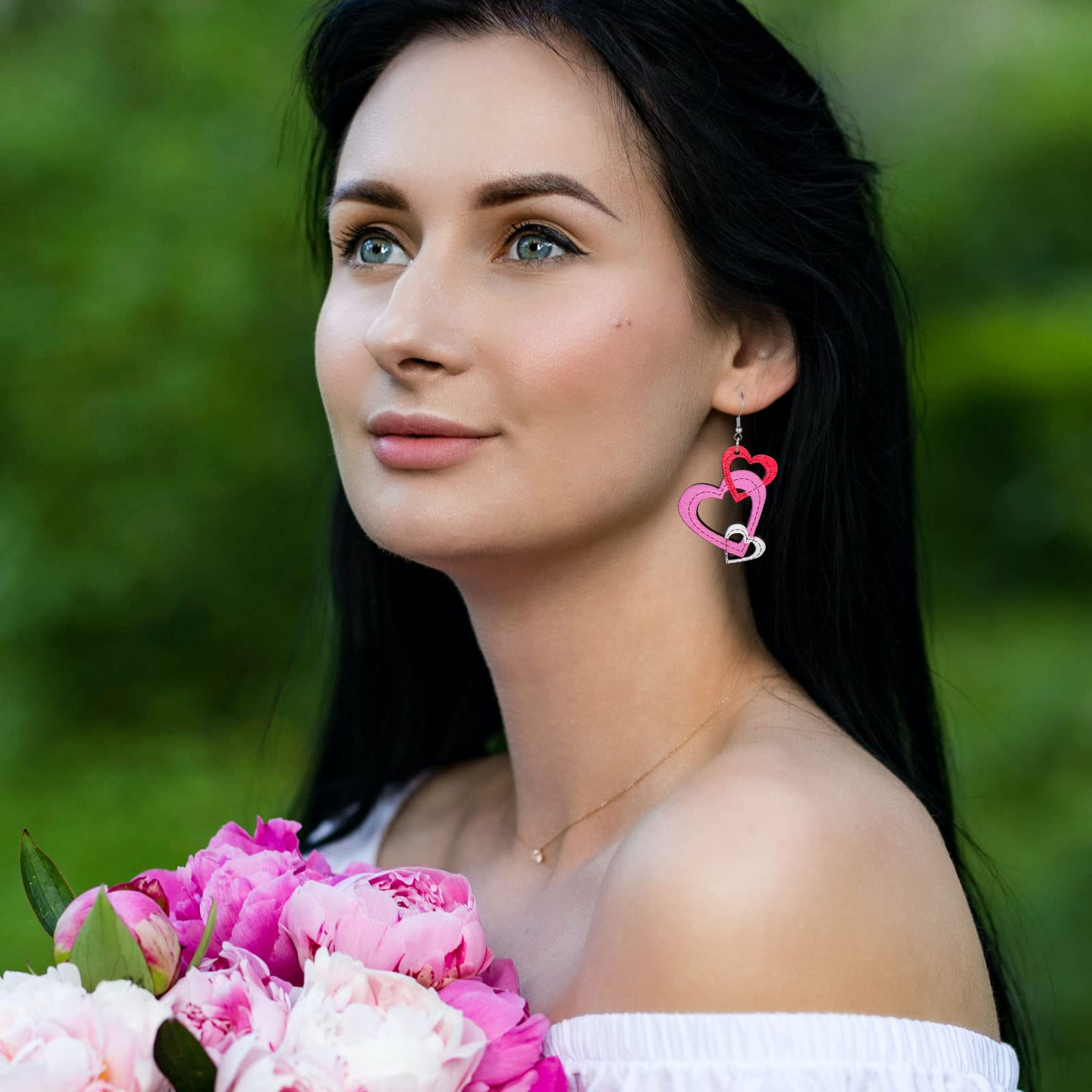 Valentine's Day Wooden Earrings, Pink Love Earrings, Drop Earrings (A, Wood)