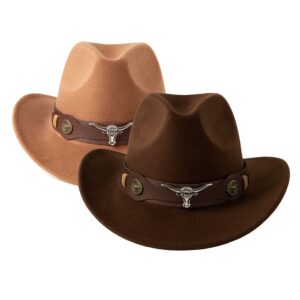 zokunari womens 2 pack western style cowboy hats with wide belt buckle khaki+coffee