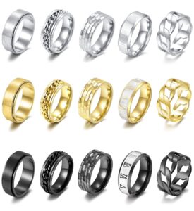 loayhoay 15pcs stainless steel band rings for men women fidget rings for anxiety engagement wedding promise rings set size9