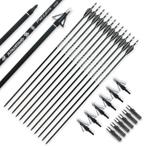 bowsoul 30inch hunting carbon archery arrows with 2.75” high hardness vanes spine 400 for compound bow and recurve bow (black white&broadheads)