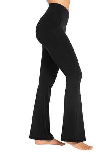 Sunzel Flare Leggings for Women with Pockets, Crossover Yoga Pants with Tummy Control, High Waisted and Wide Leg 30" Inseam Black Medium