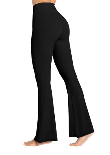 Sunzel Flare Leggings for Women with Pockets, Crossover Yoga Pants with Tummy Control, High Waisted and Wide Leg 30" Inseam Black Medium