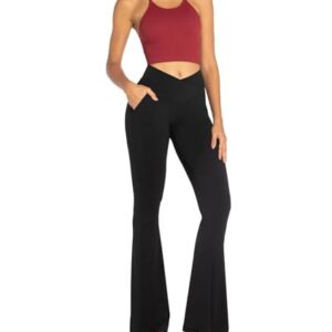 Sunzel Flare Leggings for Women with Pockets, Crossover Yoga Pants with Tummy Control, High Waisted and Wide Leg 30" Inseam Black Medium