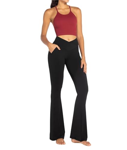 Sunzel Flare Leggings for Women with Pockets, Crossover Yoga Pants with Tummy Control, High Waisted and Wide Leg 30" Inseam Black Medium