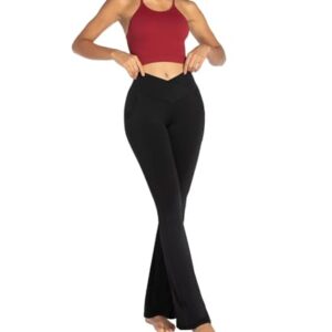 Sunzel Flare Leggings for Women with Pockets, Crossover Yoga Pants with Tummy Control, High Waisted and Wide Leg 30" Inseam Black Medium