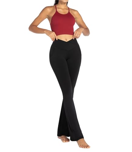 Sunzel Flare Leggings for Women with Pockets, Crossover Yoga Pants with Tummy Control, High Waisted and Wide Leg 30" Inseam Black Medium