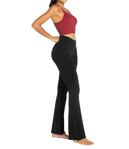 Sunzel Flare Leggings for Women with Pockets, Crossover Yoga Pants with Tummy Control, High Waisted and Wide Leg 30" Inseam Black Medium