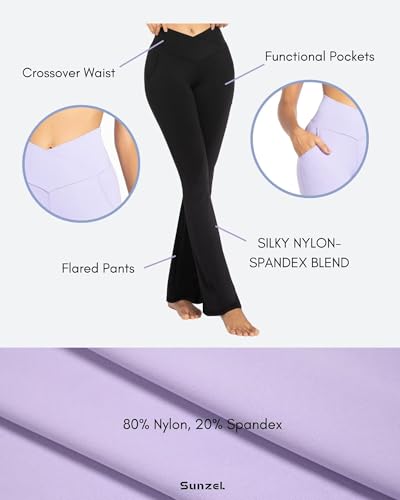 Sunzel Flare Leggings for Women with Pockets, Crossover Yoga Pants with Tummy Control, High Waisted and Wide Leg 30" Inseam Black Medium