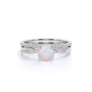 ctieip 10k 14k 18k gold opal and diamond engagement ring set for women round simulated opal and real diamond rings for her (g-h color, i2-i3 clarity)