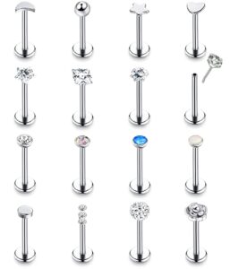 loayhoay 16pcs 18g stainless steel threadless push in nose stud ring for women men lip ring cz flower heart cartilage helix earring piercing set 18g