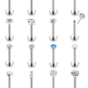 LOAYHOAY 16PCS 18G Stainless Steel Threadless Push in Nose Stud Ring for Women Men Lip Ring CZ Flower Heart Cartilage Helix Earring Piercing Set 18G