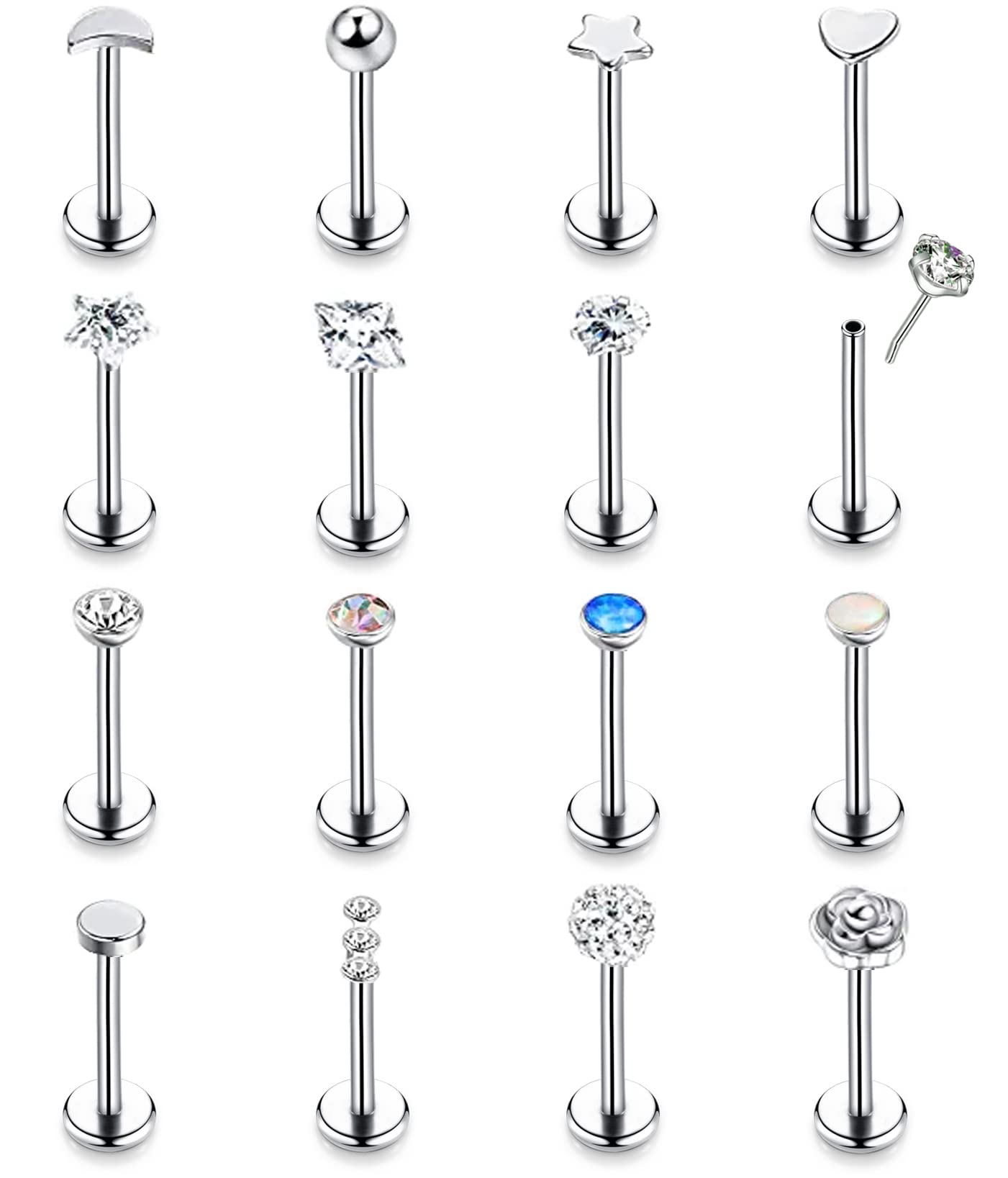 LOAYHOAY 16PCS 18G Stainless Steel Threadless Push in Nose Stud Ring for Women Men Lip Ring CZ Flower Heart Cartilage Helix Earring Piercing Set 18G