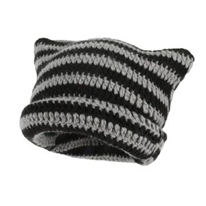 cat ear beanie for women knitted crochet fox hat with striped winter cap y2k accessories grunge goth slouchy beanies black