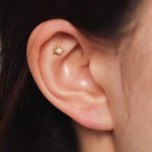 COCHARM 14K Solid Gold Sun Tragus Earring Studs 16g Flat Back Tragus Piercing Threadless Posh in Helix Stud 14K Solid Gold Helix Earrings Gold Helix Piercing Jewelry